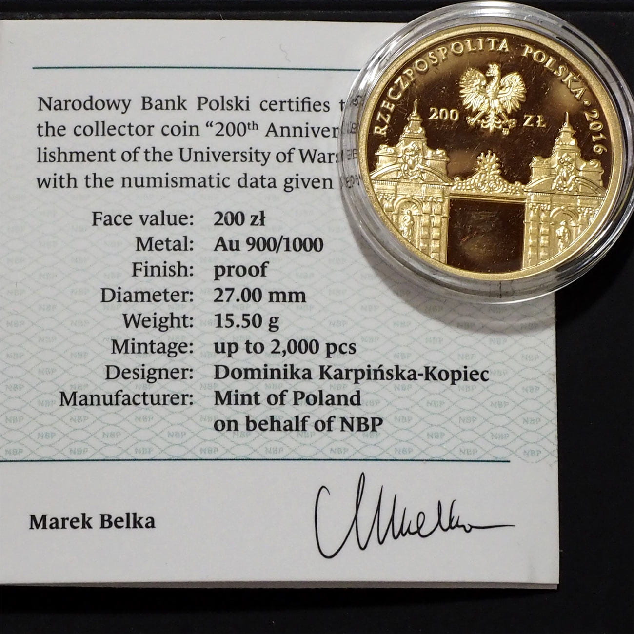 P0511 200 Złotych 2016 rok Polska Uniwersytet Warszawski Sklep Schafran